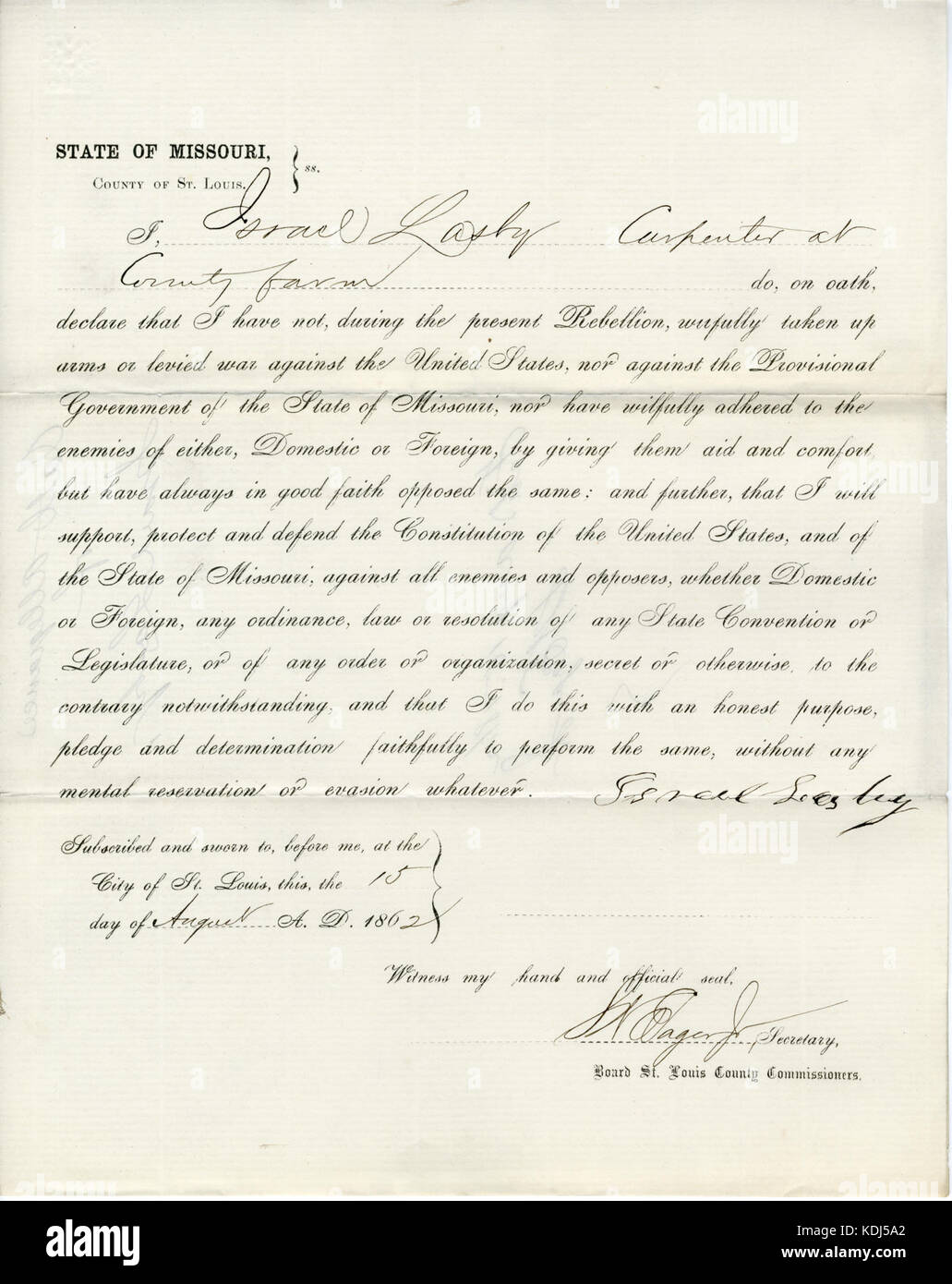 The loyalty oath of Israel Lasby, from Missouri’s St. Louis County, is ...