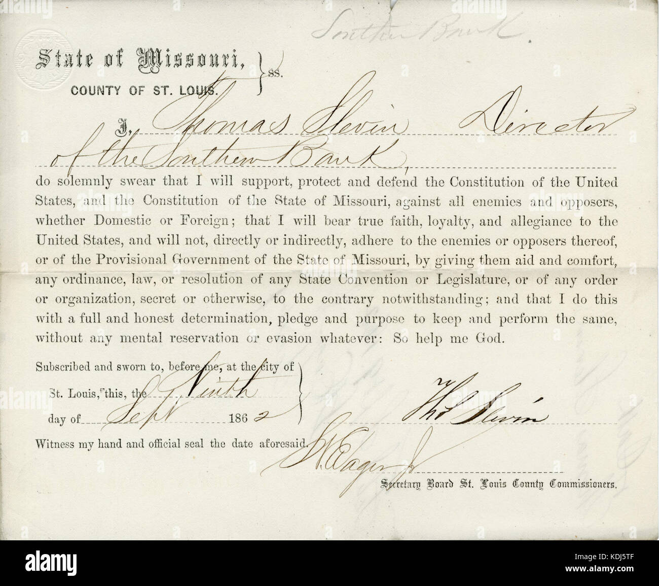 The loyalty oath of Thomas Slevin, taken in St. Louis County, Missouri ...
