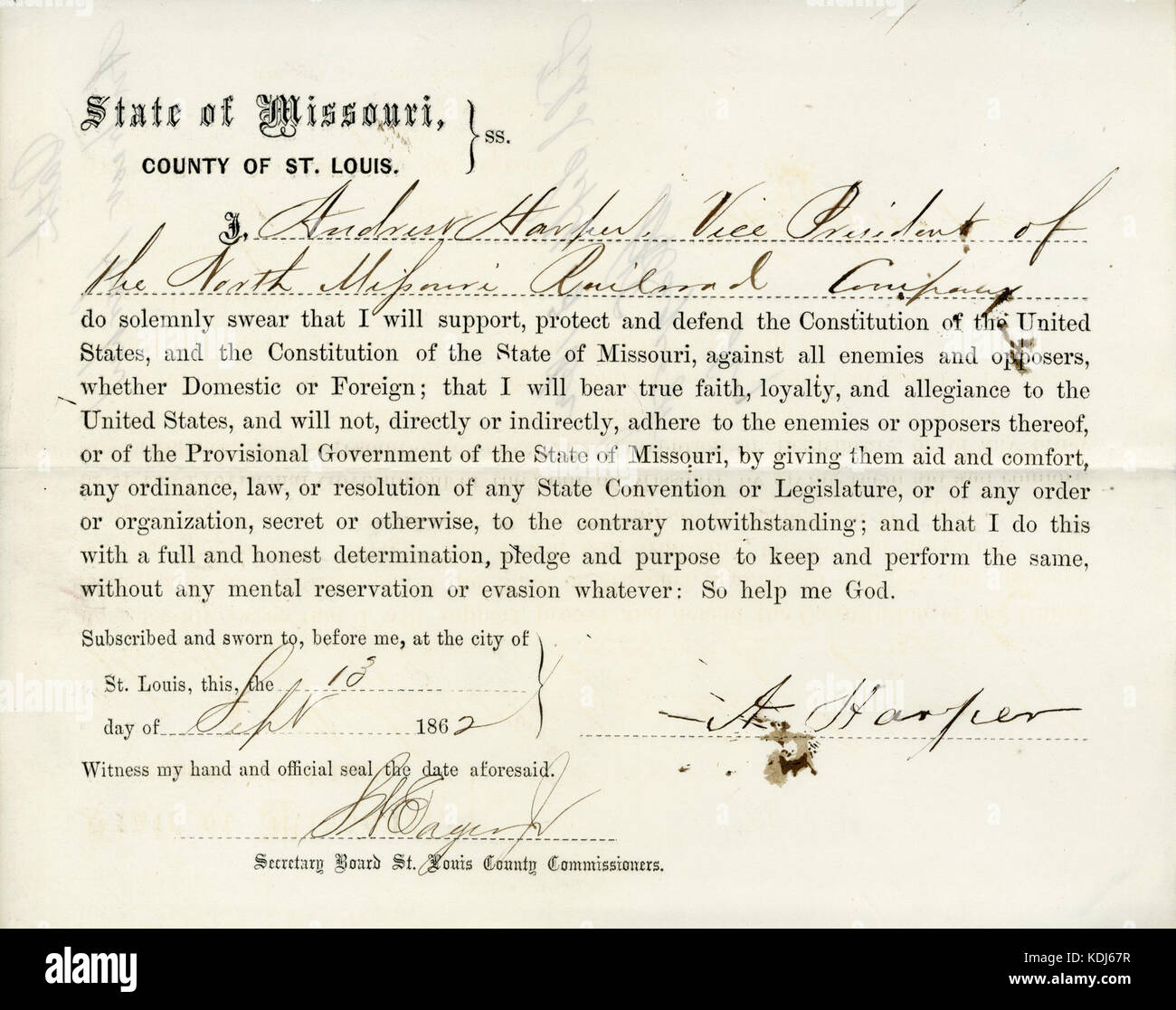Loyalty oath of Andrew Harper of Missouri, County of St. Louis Stock ...