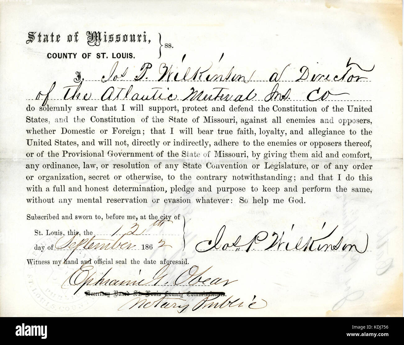 This document represents the loyalty oath signed by Jos. P. Wilkinson ...