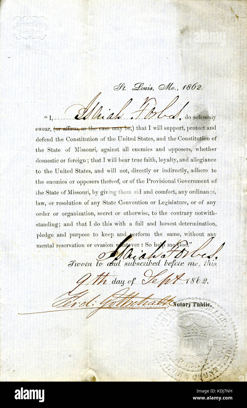 Loyalty oath of Isiah Forbes of Missouri, County of St.Louis Stock ...