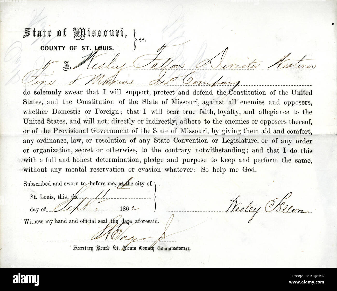 Loyalty oath of Wesley Fallon of Missouri, County of St.Louis Stock ...