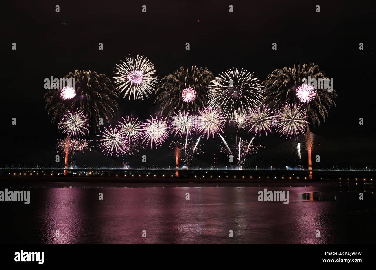 Fireworks over the new Mersey Gateway Bridge, near Runcorn in Cheshire ...