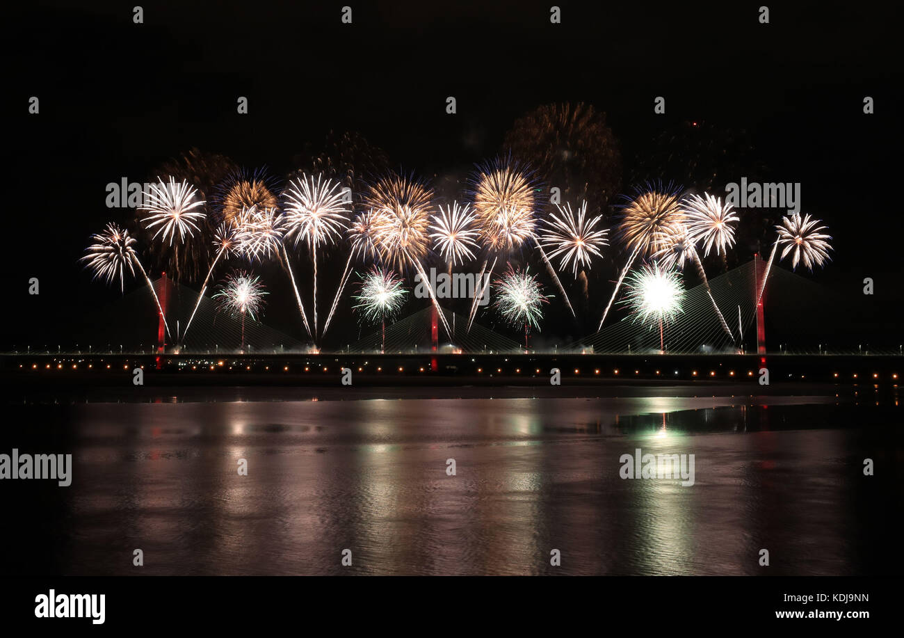 Fireworks over the new Mersey Gateway Bridge, near Runcorn in Cheshire ...