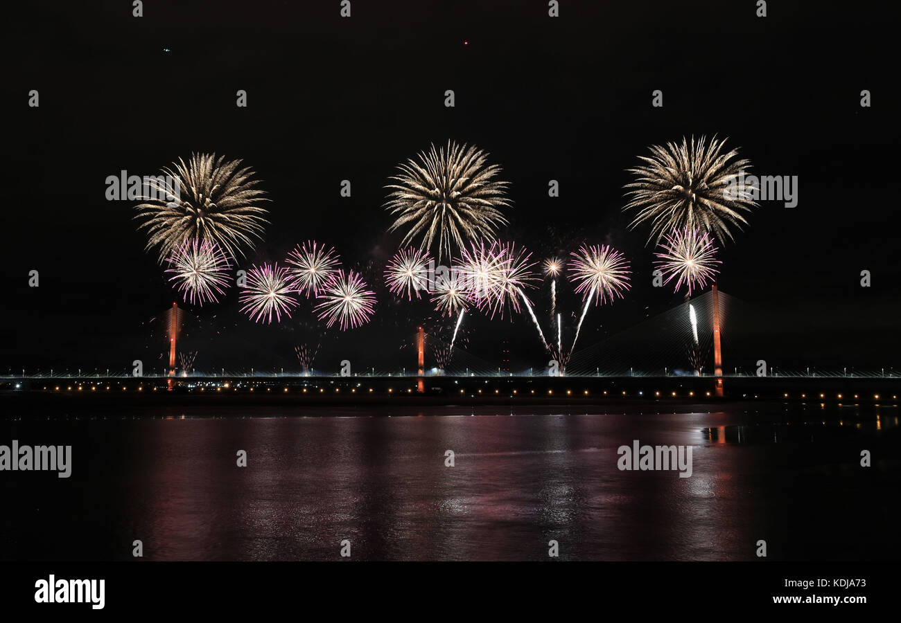 Fireworks over the new Mersey Gateway Bridge, near Runcorn in Cheshire ...