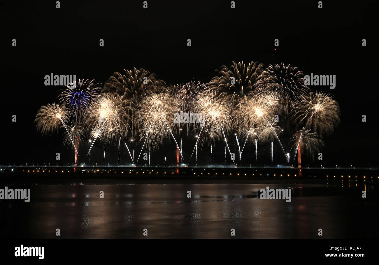 Fireworks over the new Mersey Gateway Bridge, near Runcorn in Cheshire ...