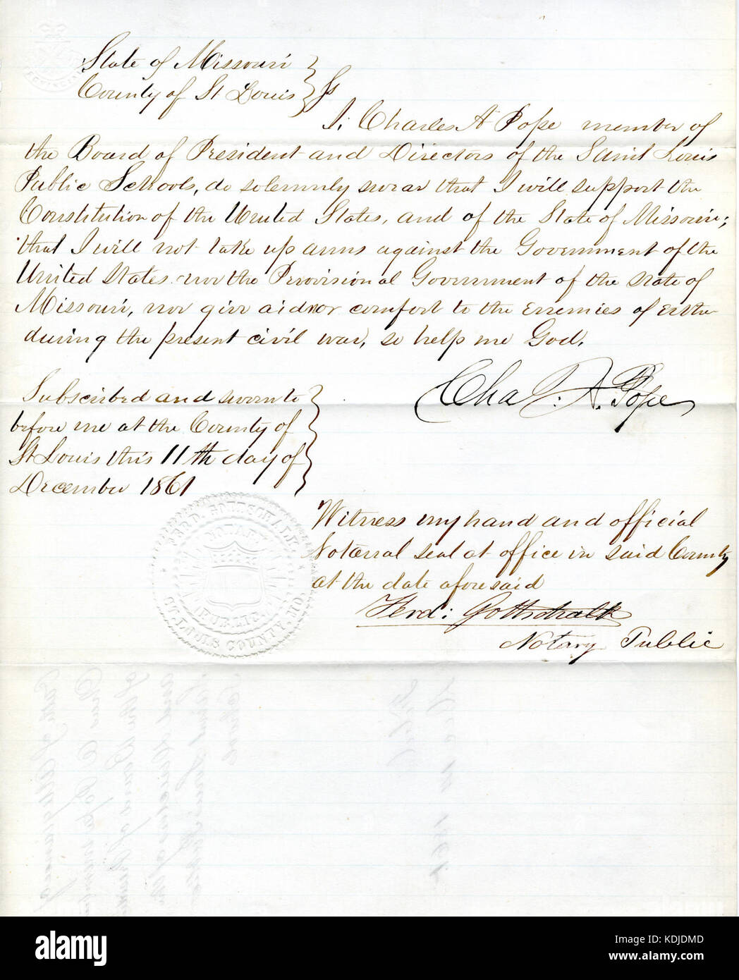 Loyalty oath of Charles A. Pope of Missouri, County of St.Louis Stock ...