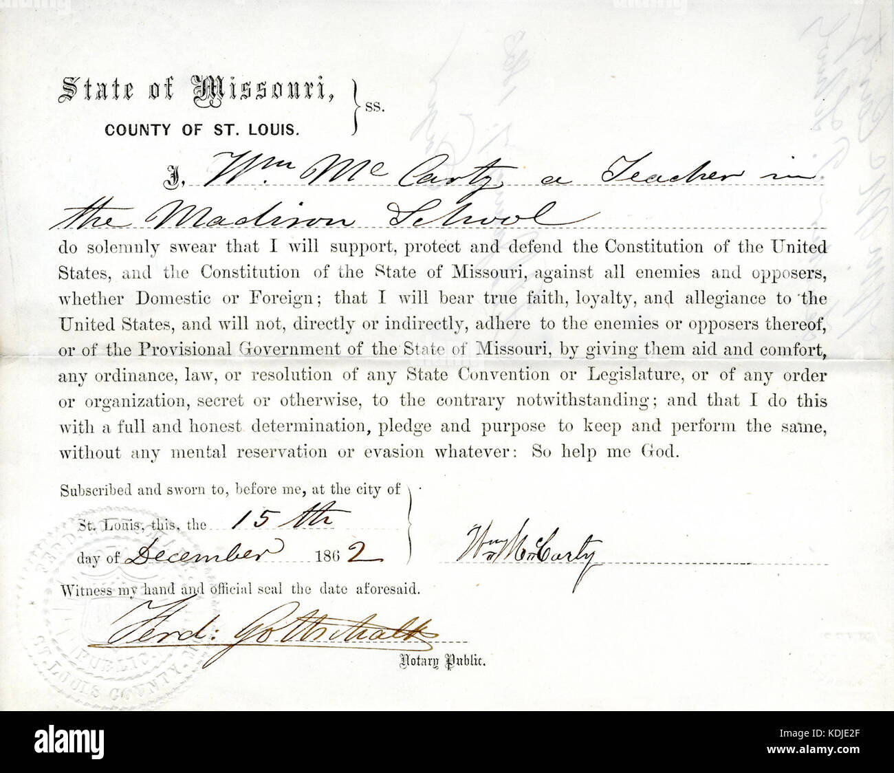 A historical document showing the loyalty oath taken by Wm. McCarty ...