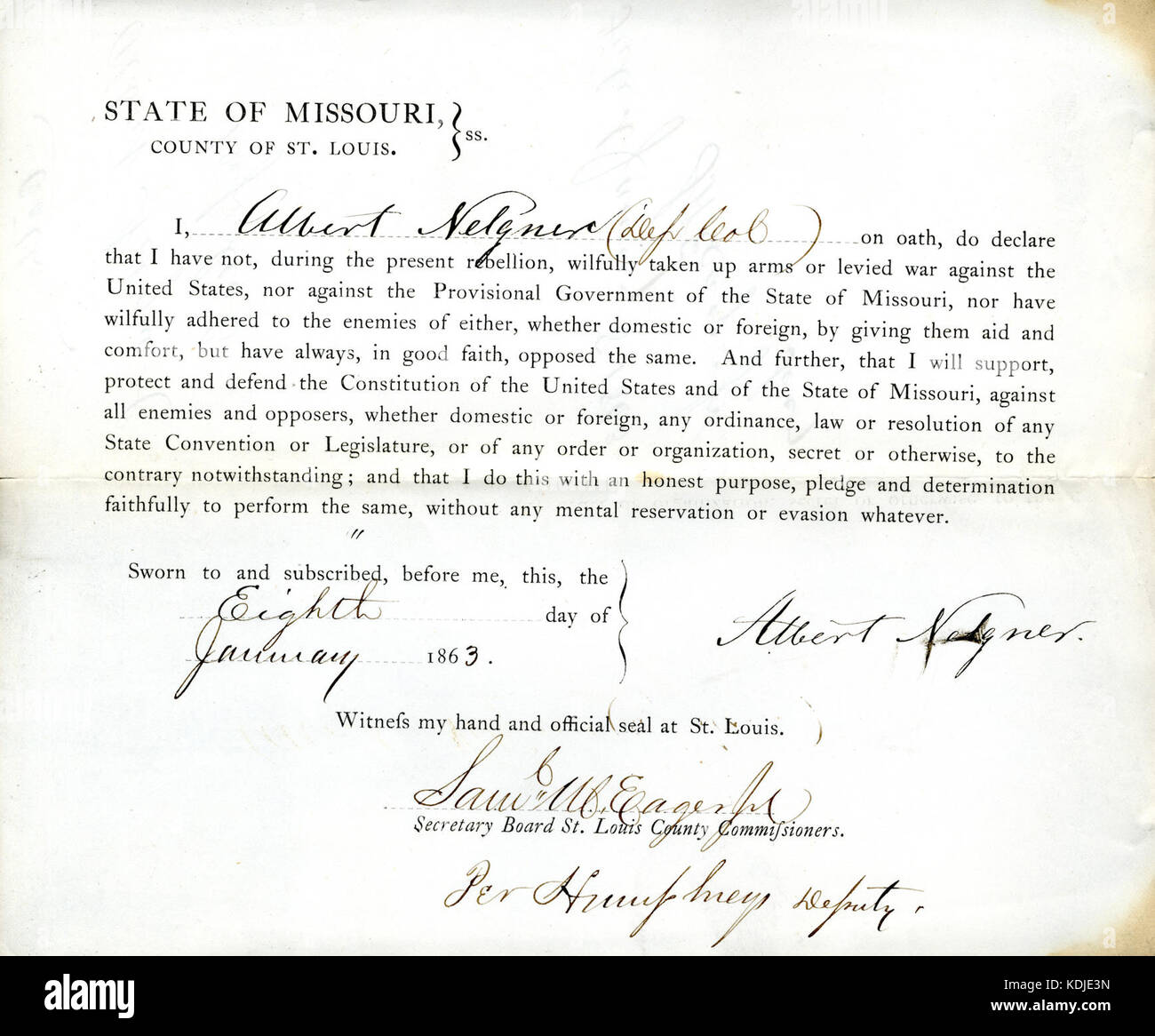 A document showing the loyalty oath taken by Albert Nelgner of Missouri ...