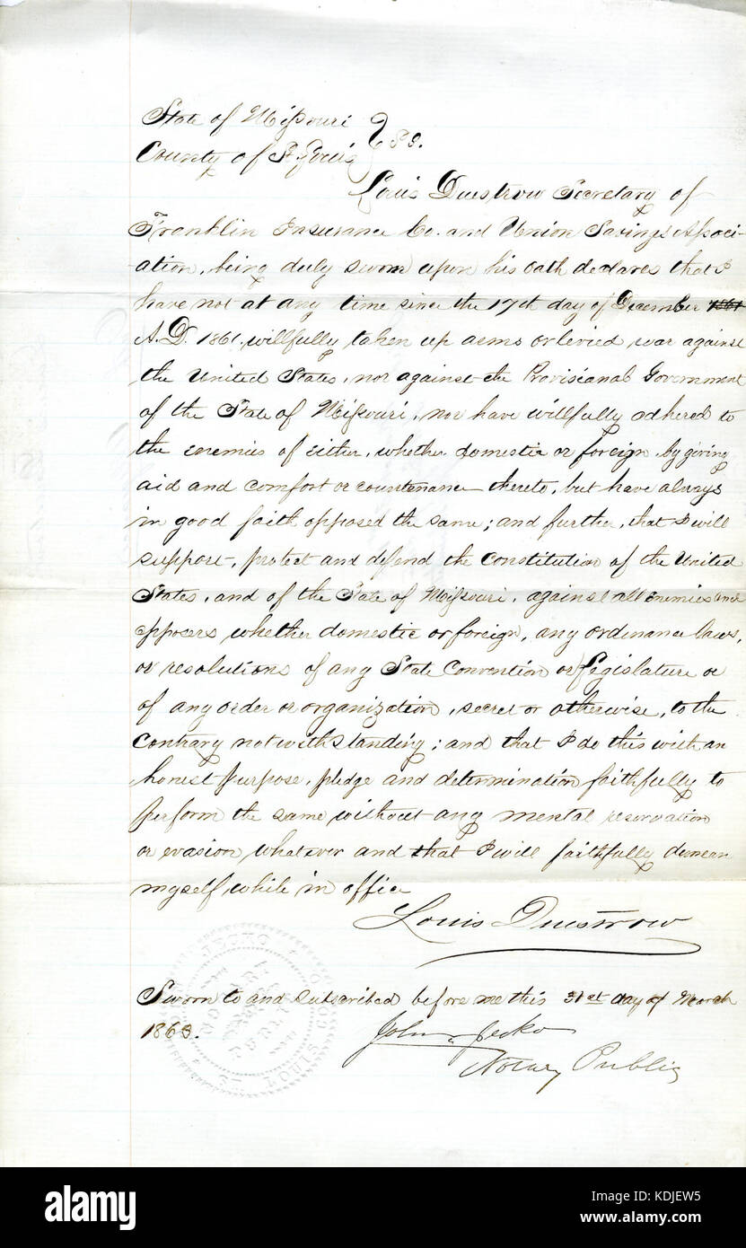 This document shows the loyalty oath taken by Louis Duestrow of St ...