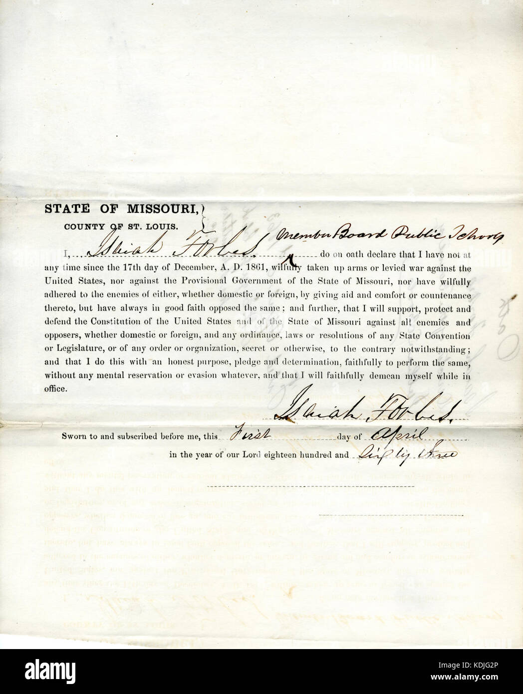 Loyalty oath of Isaiah Forbes of Missouri, County of St. Louis Stock ...