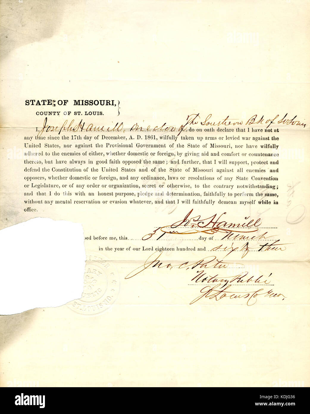 Loyalty oath of Joseph Hamill of Missouri, County of St. Louis Stock ...