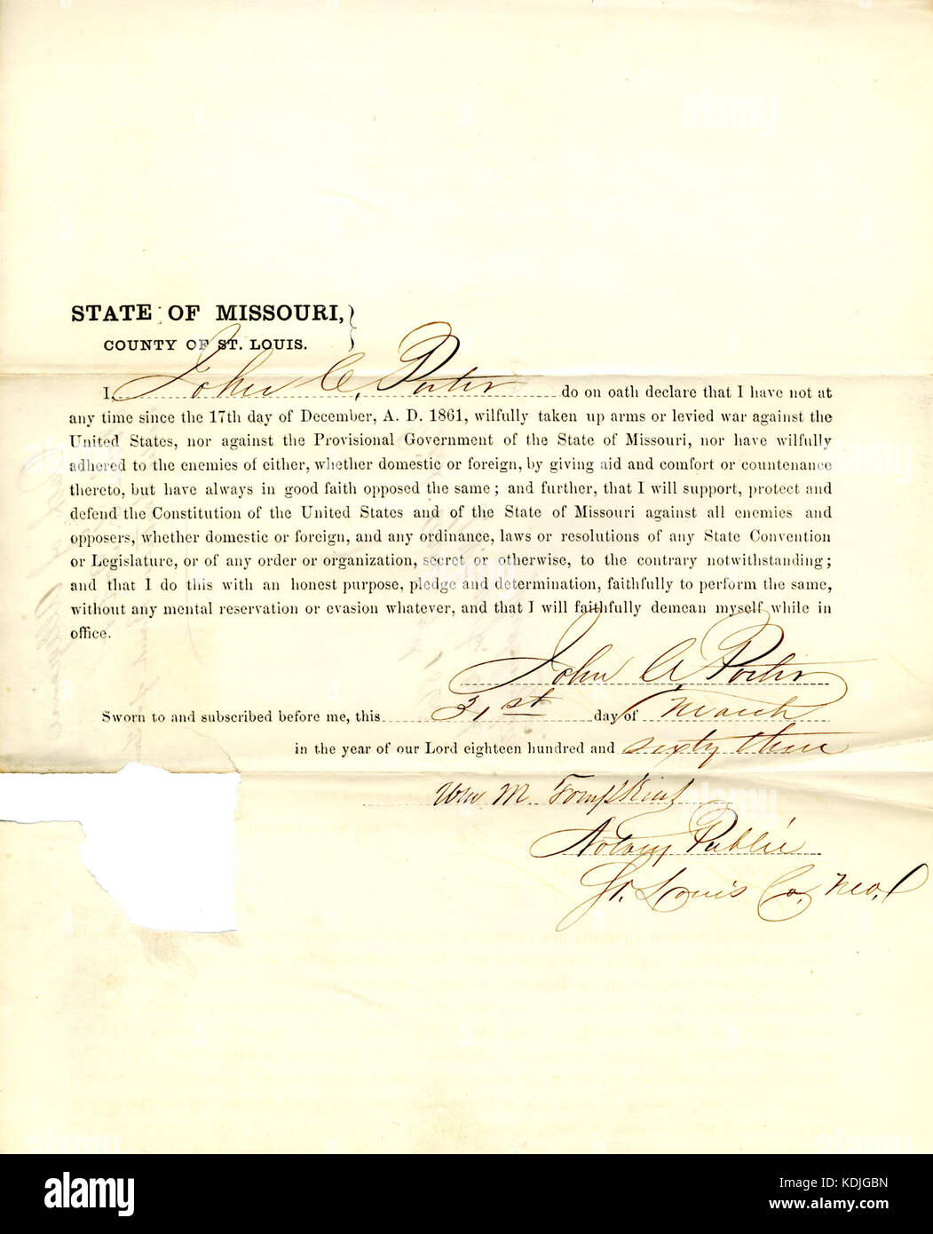 This document represents the loyalty oath sworn by John C. Porter, a ...