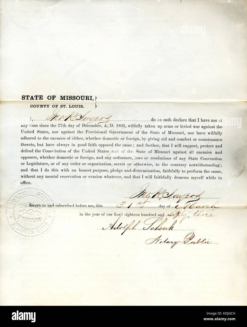 Loyalty oath of John K. Sayers of Missouri, County of St. Louis Stock ...