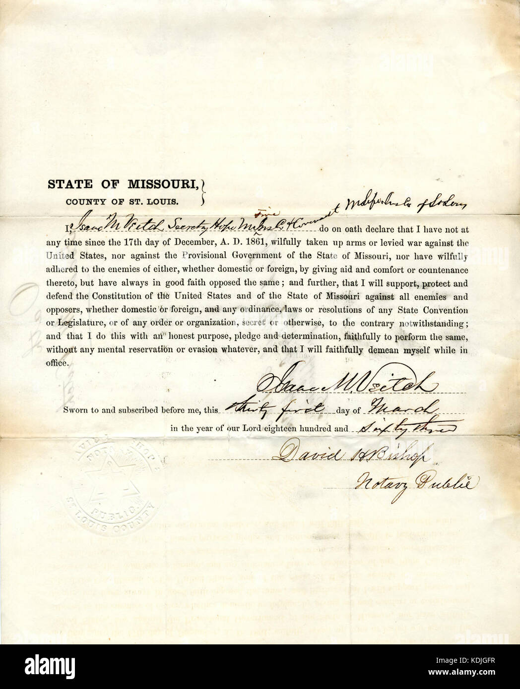 This document records the loyalty oath of Isaac M. Veitch, signed in St ...