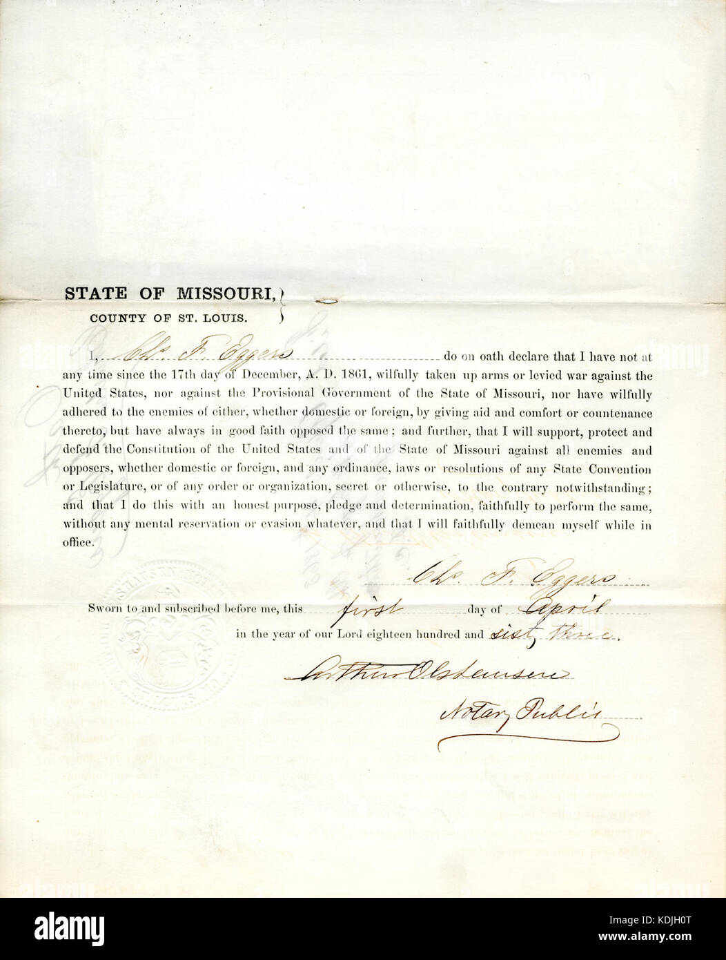 A historical document showing the loyalty oath taken by Charles F ...