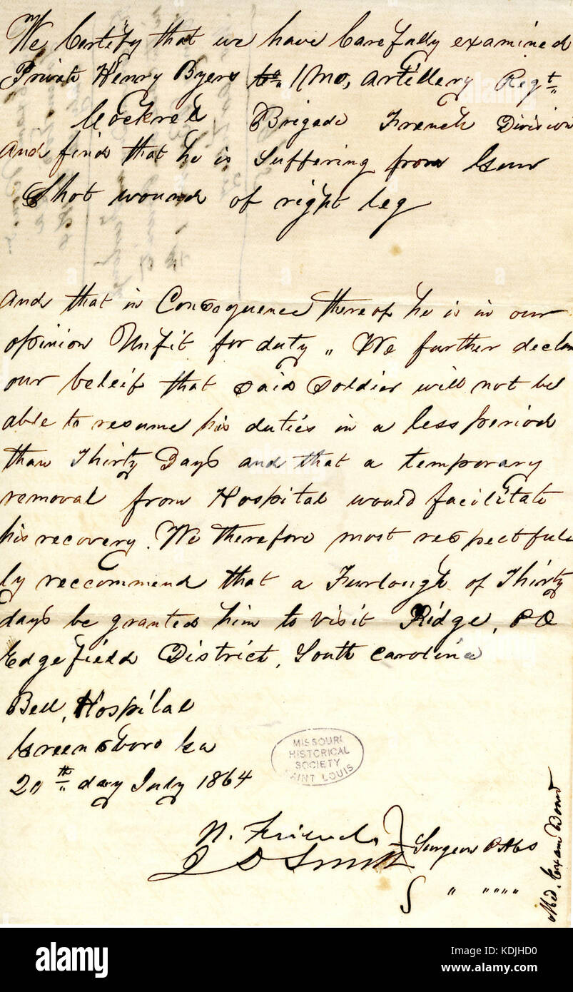Medical certificate of Private Henry Byers, July 20, 1864 Stock Photo ...