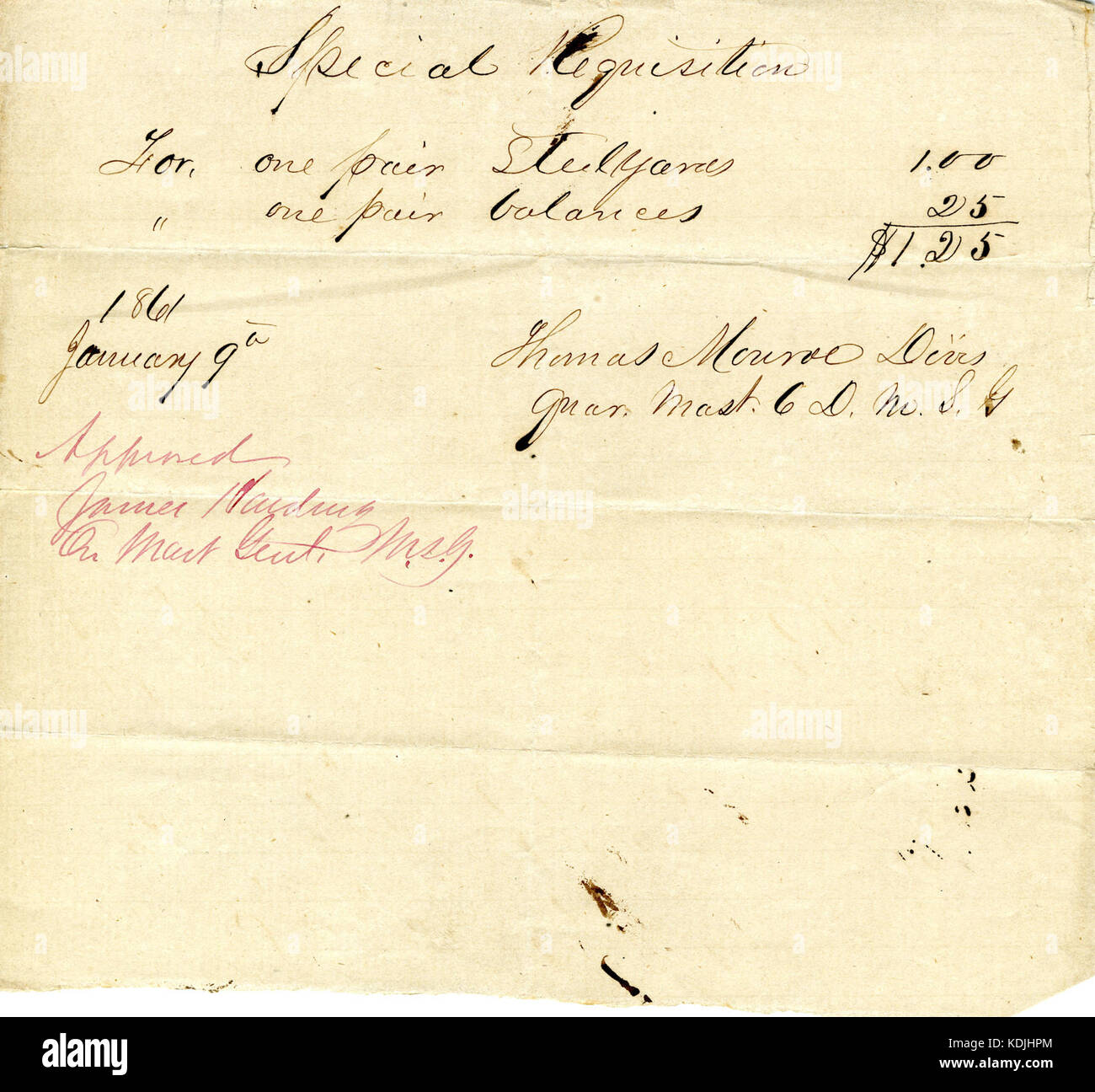 Special requisition from Thomas Mourde, January 9, 1861 Stock Photo - Alamy