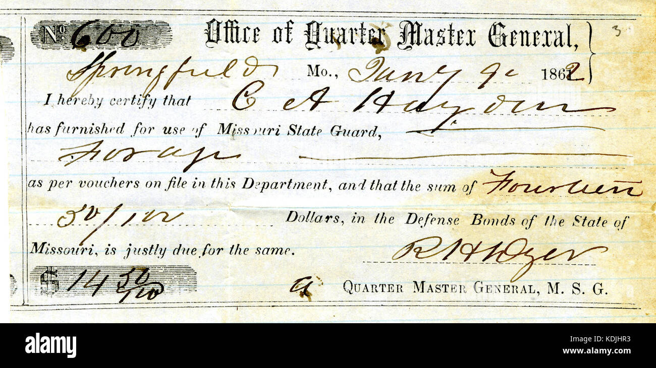 Receipt of the Missouri State Guard, January 9, 1862 Stock Photo - Alamy
