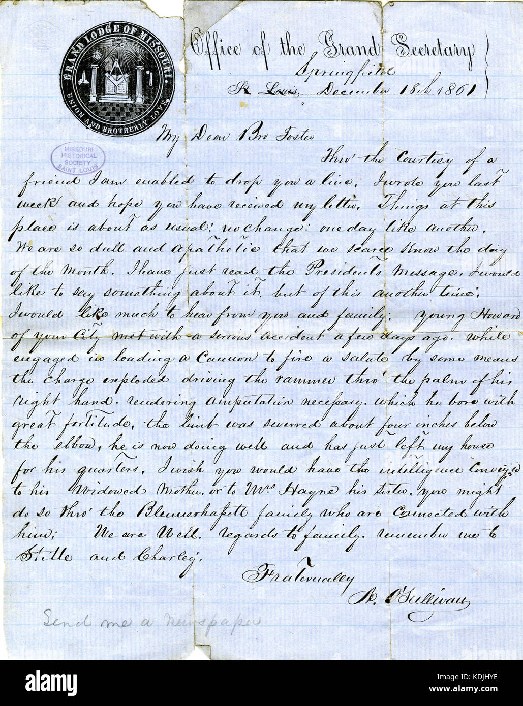 Letter signed A. O'Sullivan, Office of the Grand Secretary, Springfield ...