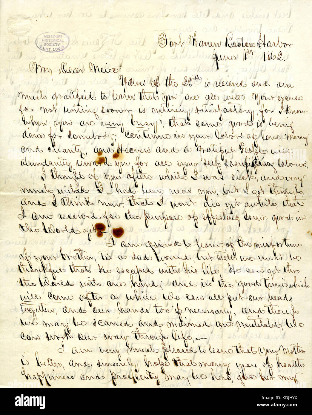 Letter signed W.L. McConnico, Fort Warren, Boston Harbor, to his niece ...