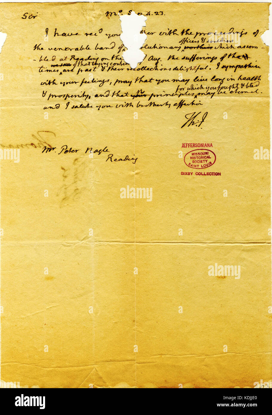 Letter signed Thomas Jefferson (initials only), Monticello, to Peter ...