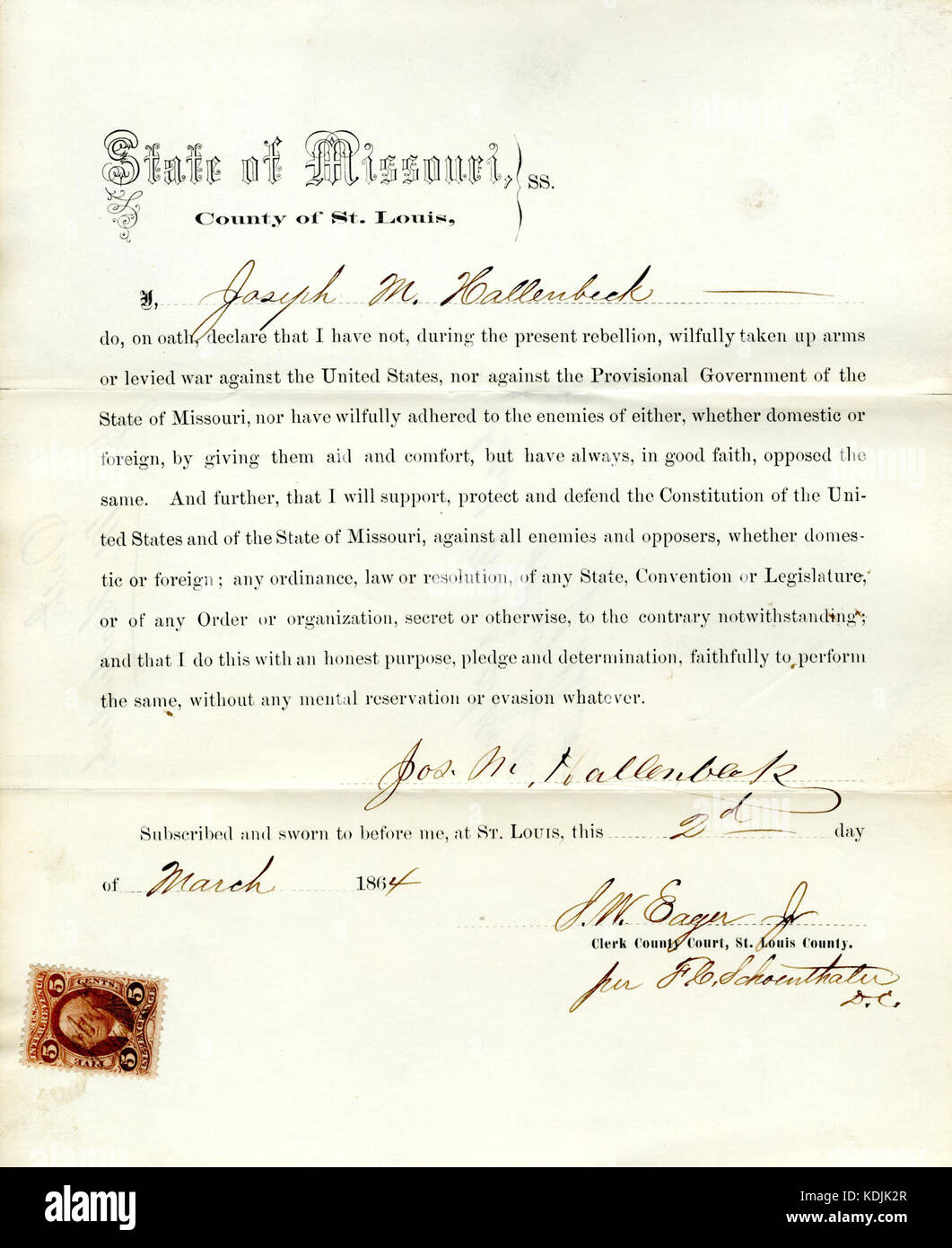 Loyalty oath of Joseph M. Hallenbeck of Missouri, County of St. Louis ...