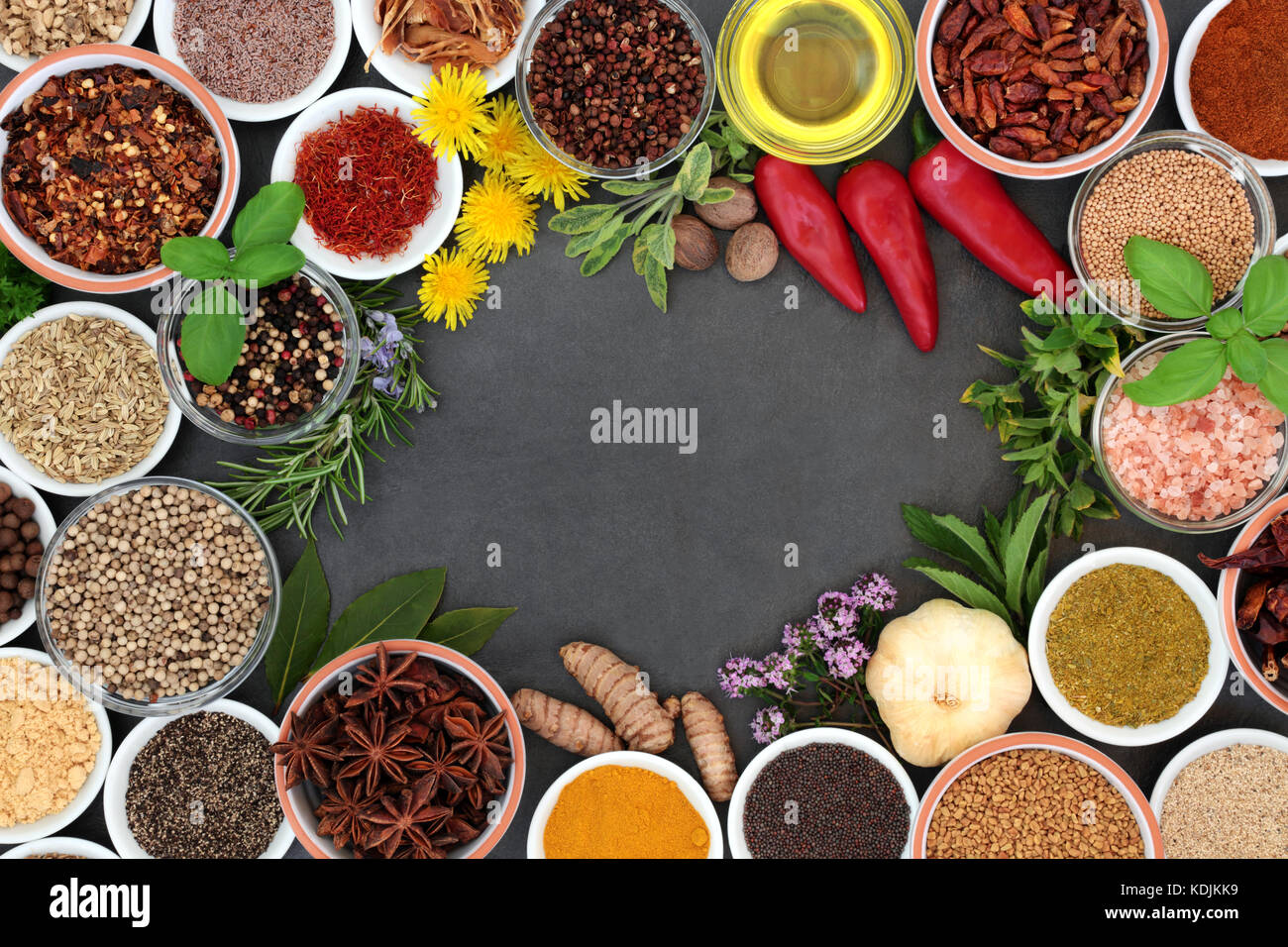 Herb and spice background border with fresh and dried herbs and spices ...