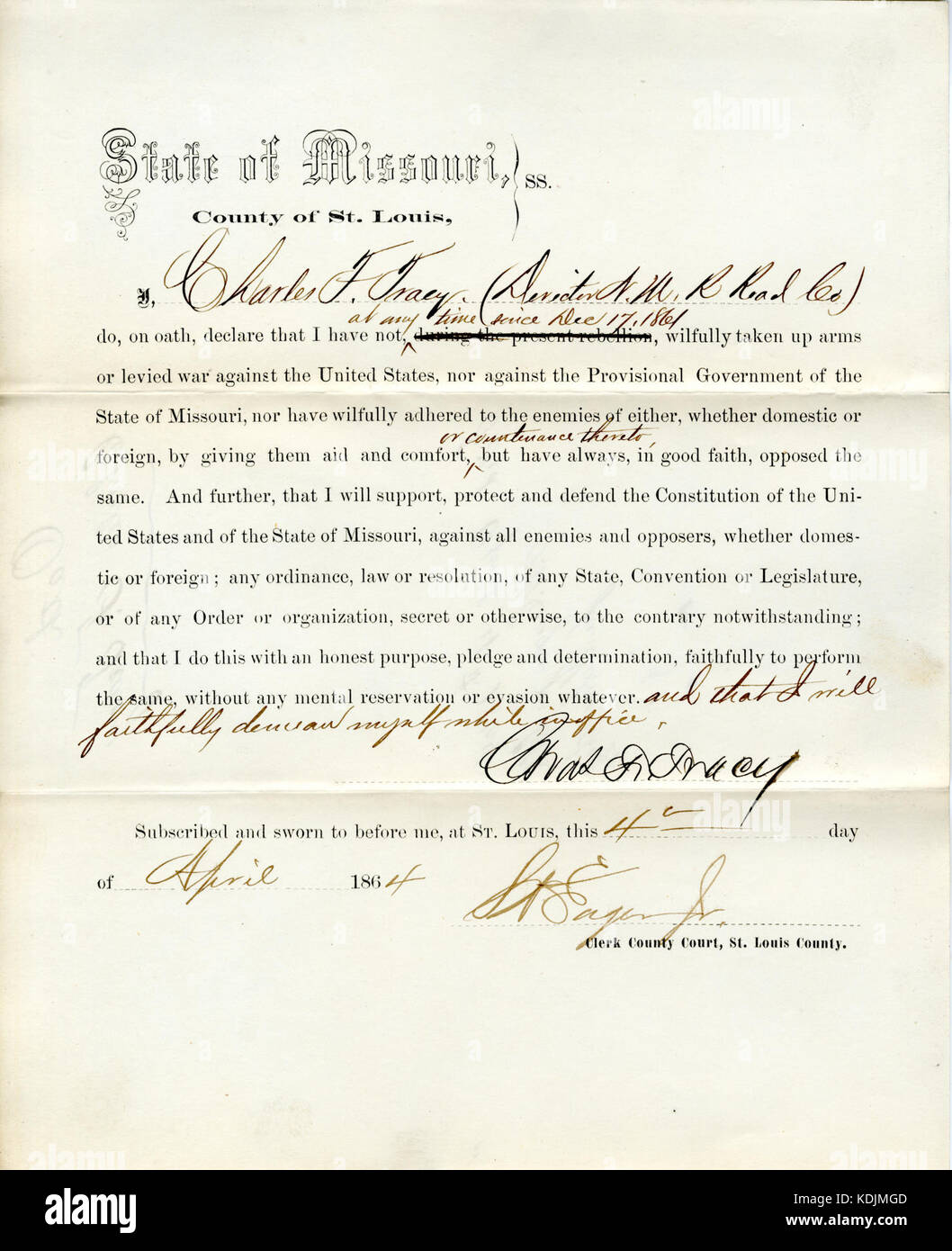 The loyalty oath taken by Charles F. Tracy of St. Louis County ...