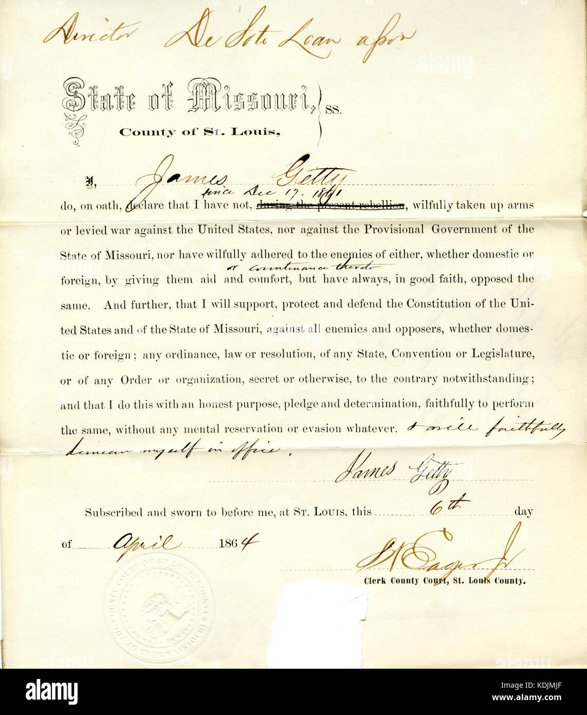 The loyalty oath of James Getty, taken in St. Louis County, Missouri ...