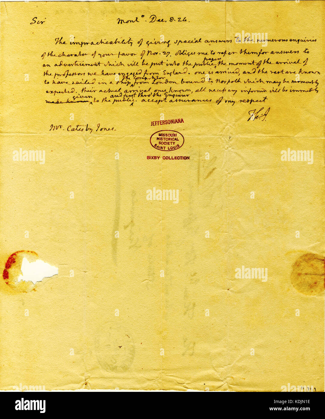 Letter signed Thomas Jefferson (initials only), Monticello, to Catesby ...