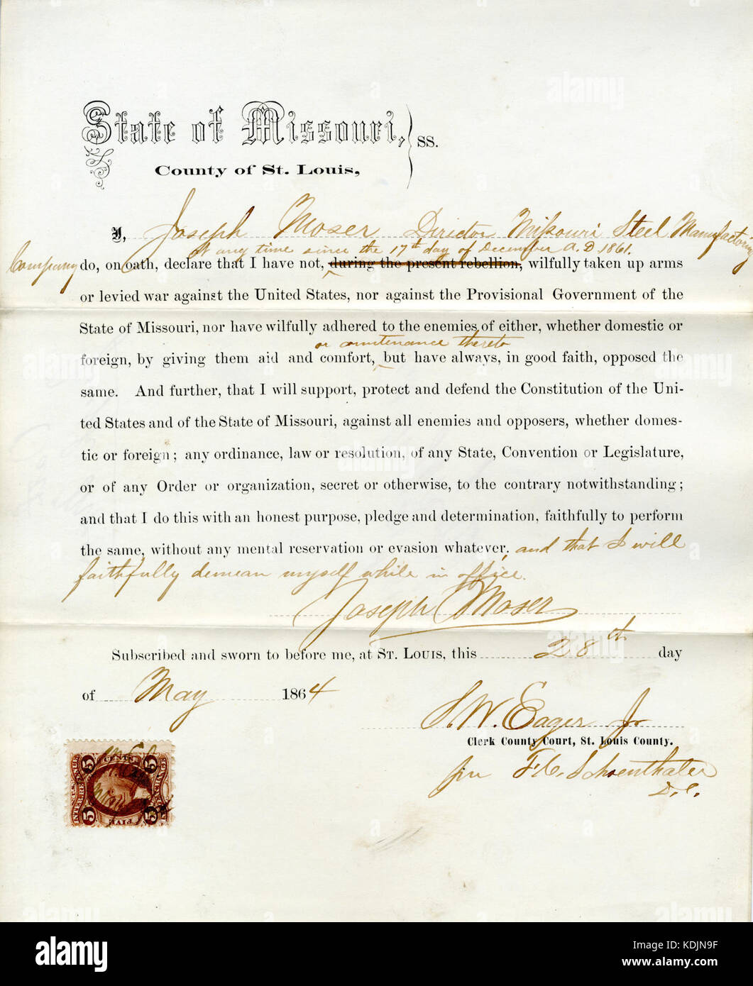 Loyalty oath of Joseph Moser of Missouri, County of St. Louis Stock ...