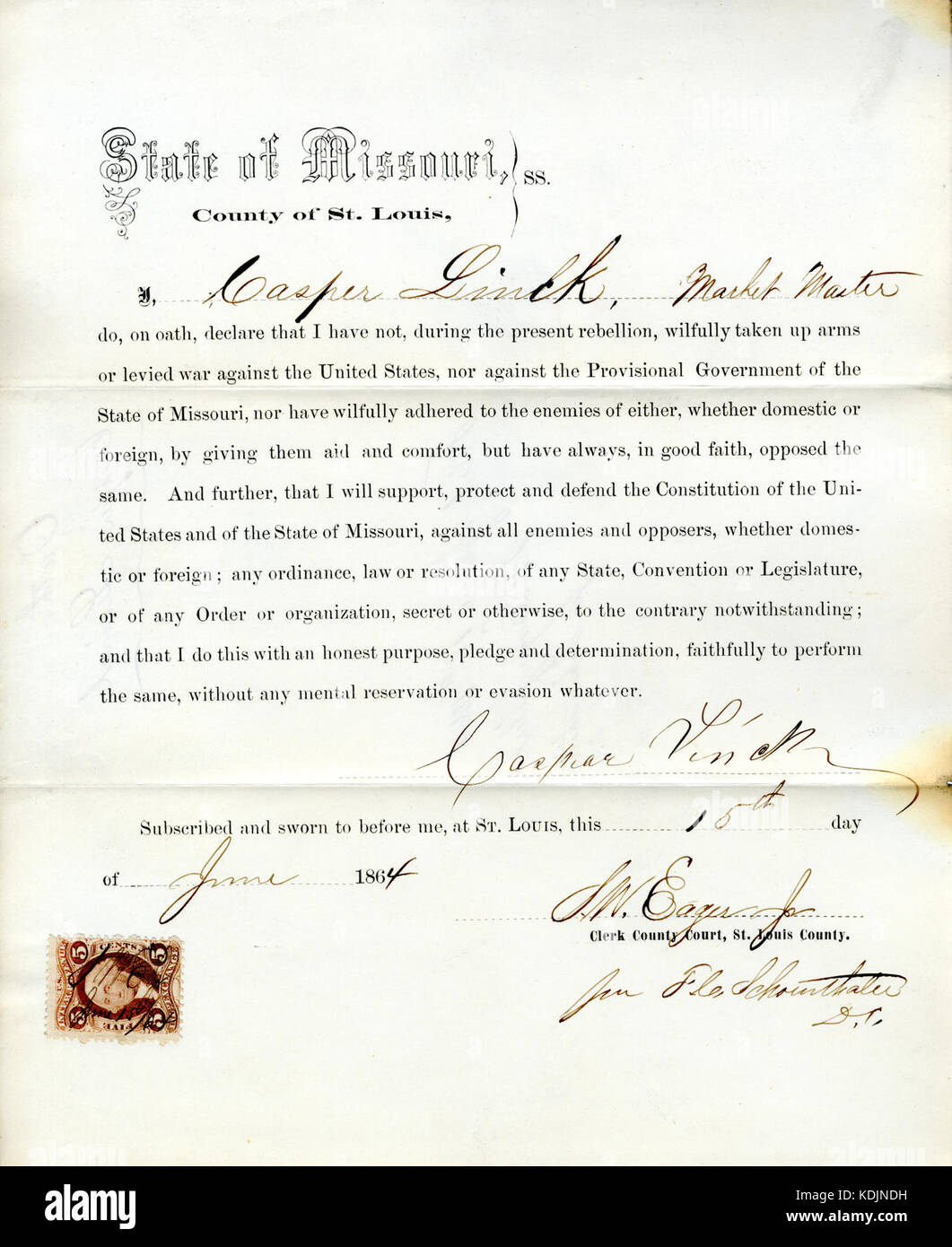 Loyalty oath of Caspar Linck of Missouri, County of St. Louis Stock ...