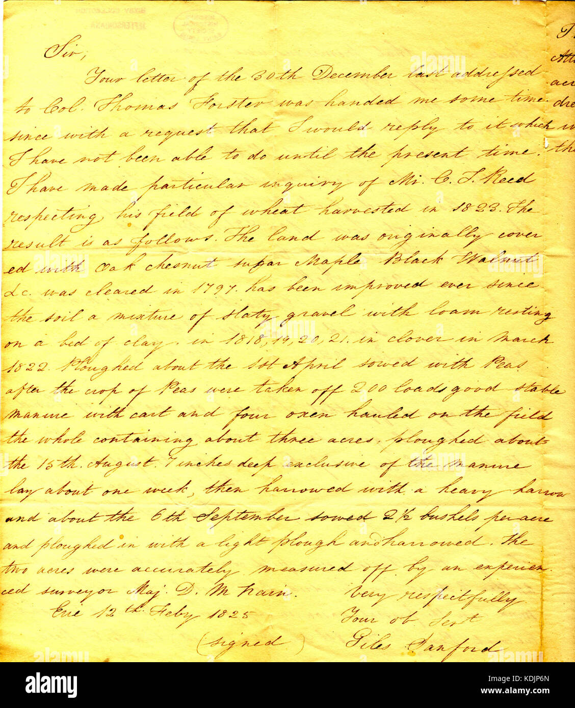 A historical letter signed by Giles Sanford, dated February 12, 1825 ...