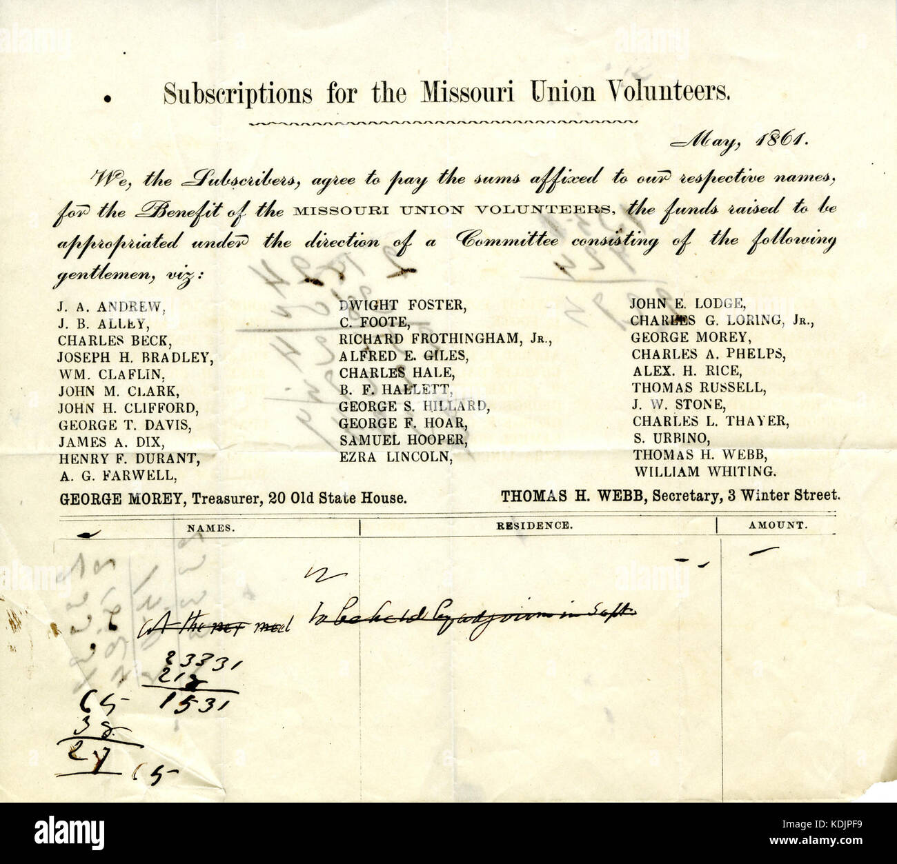 List of subscriptions for the Missouri Union Volunteers, May 1861 Stock ...