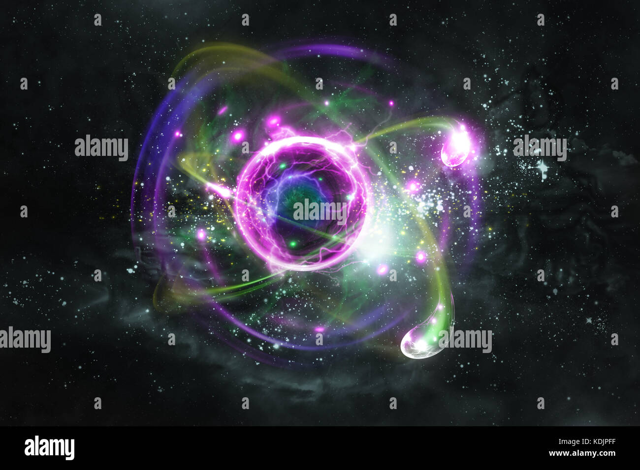 Close up of colorful atomic particle background science 3D illustration ...