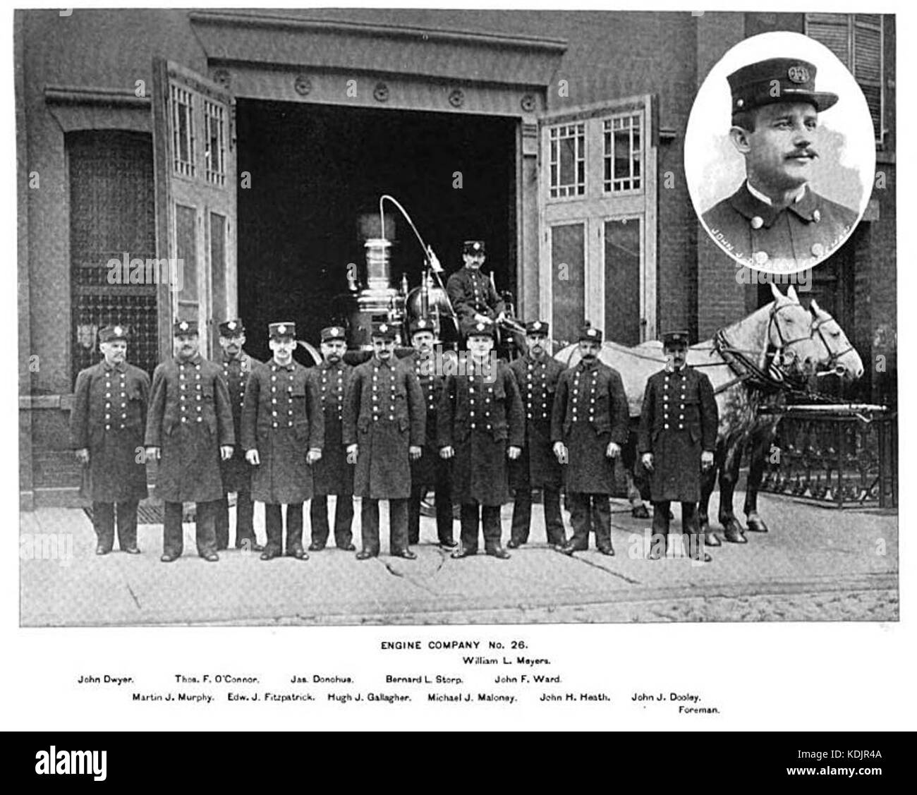 This historical image shows a horse-drawn fire engine in Brooklyn ...