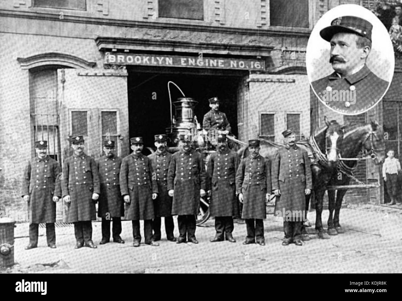 This black and white photo shows a horse-drawn fire engine in Brooklyn ...