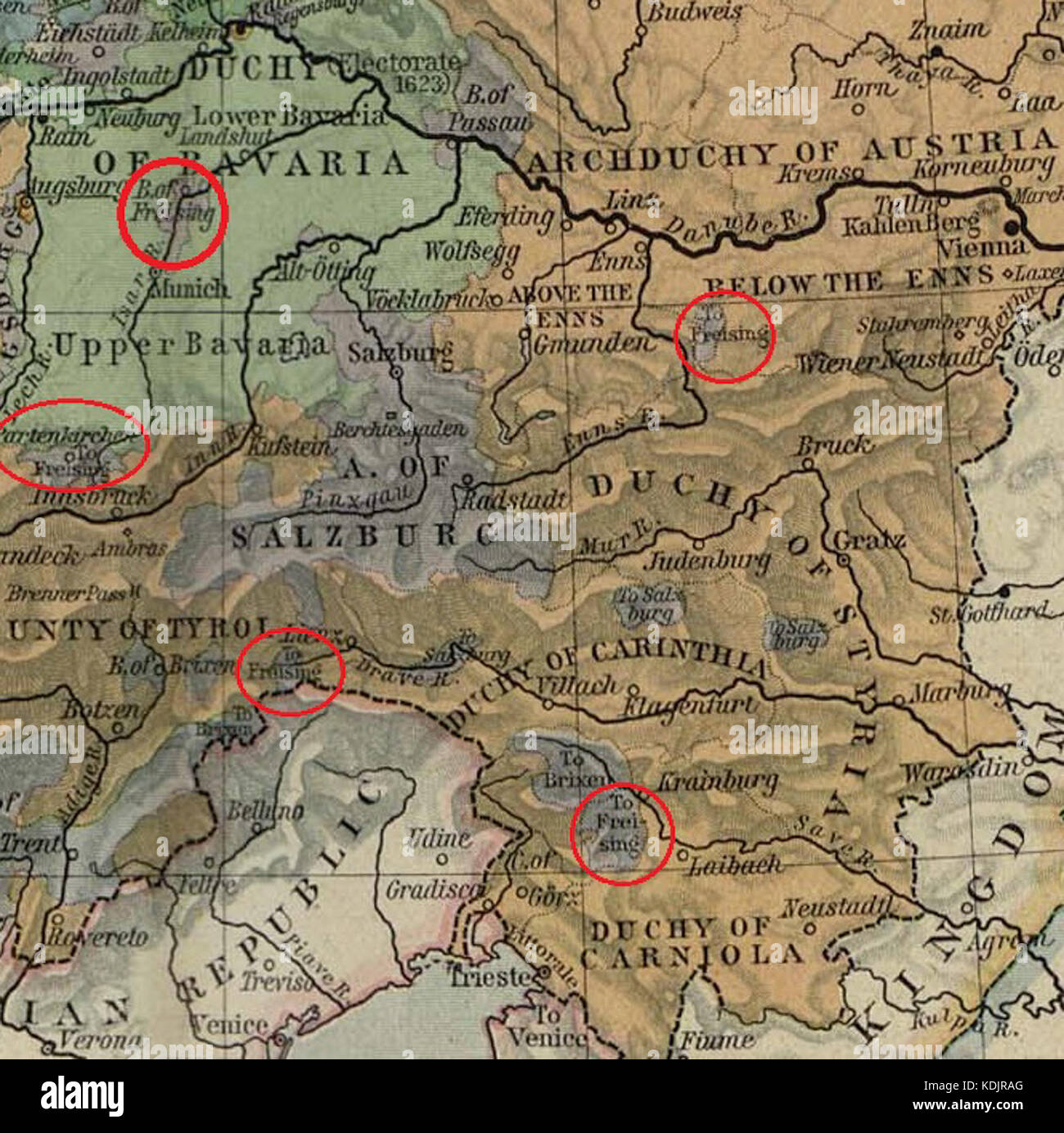 A map indicating the location of the Prince-Bishopric of Freising, a ...