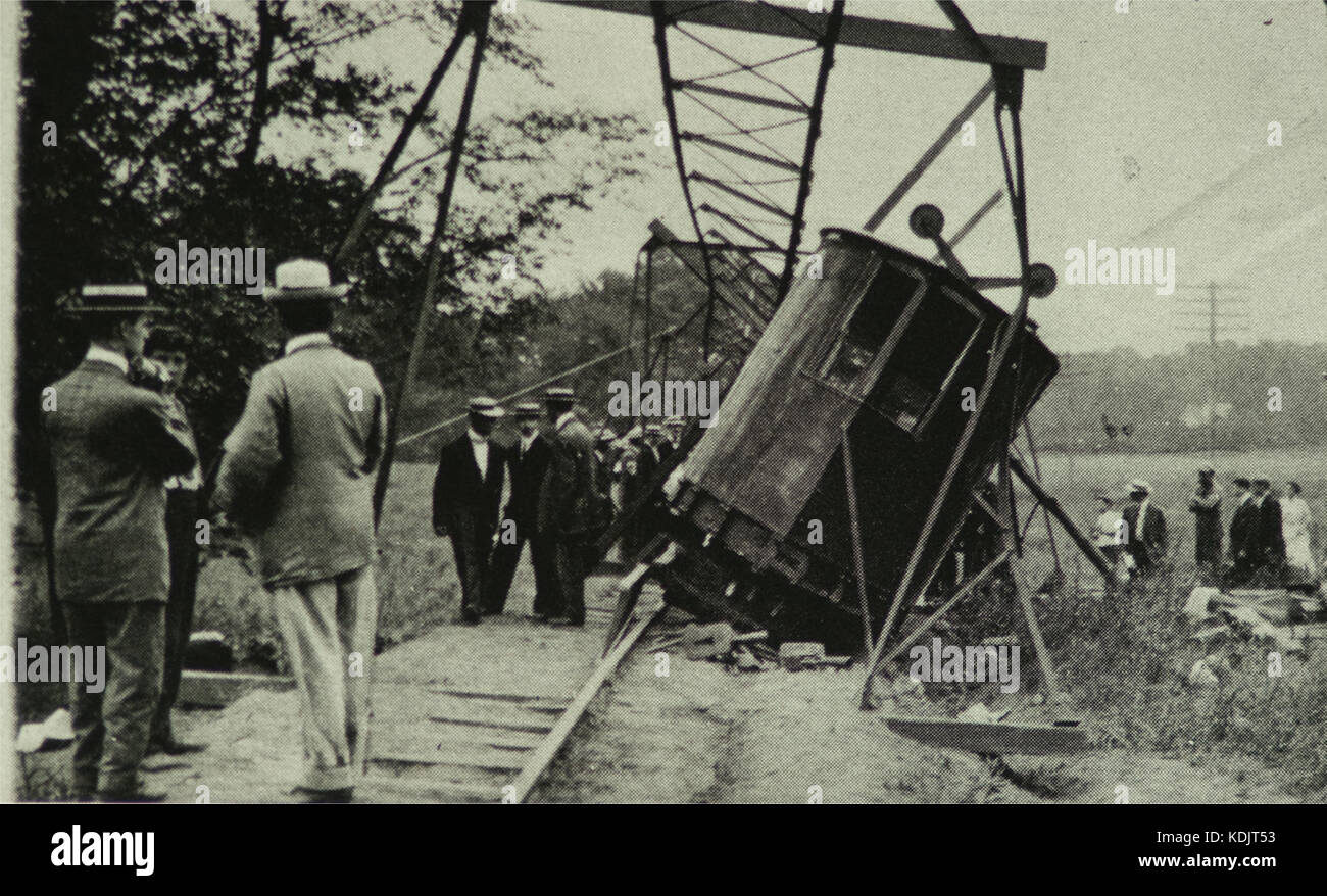 A historical image from 1910 showing the derailment of the Pelham Park ...