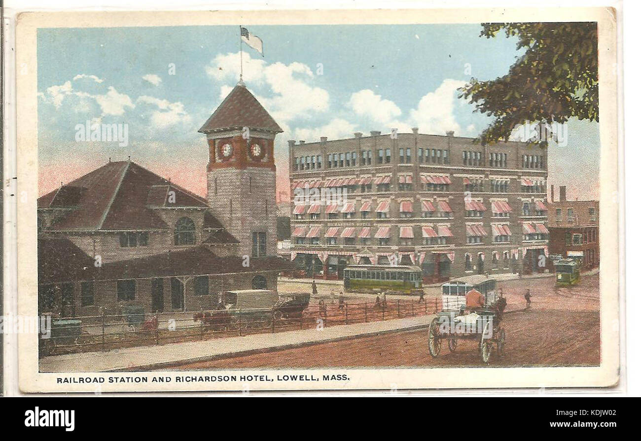 Railroad Station and Richardson Hotel, Lowell postcard Stock Photo - Alamy