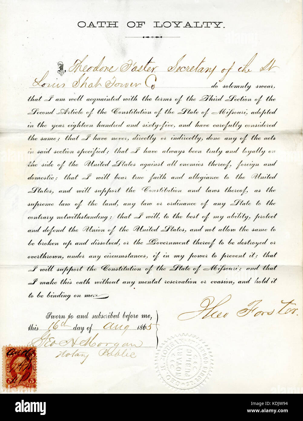 Loyalty oath of Theodore Foster of Missouri, County of St. Louis Stock ...