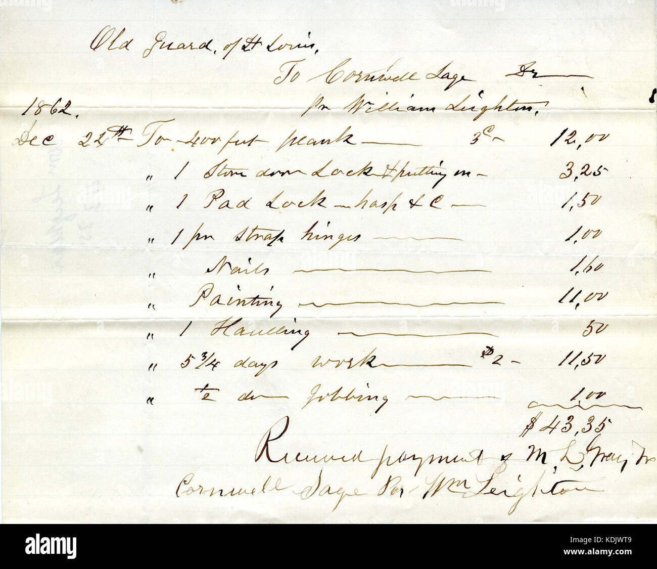 This receipt, dated December 24, 1862, records a payment of $43.35 made ...