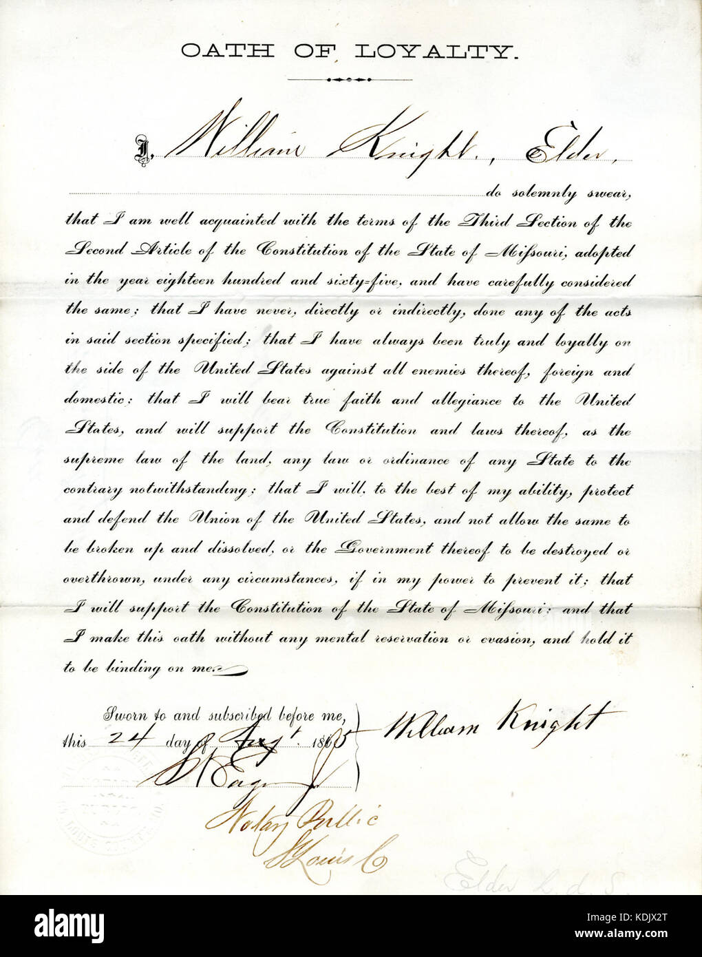 Loyalty oath of William Knight of Missouri, County of St. Louis Stock ...