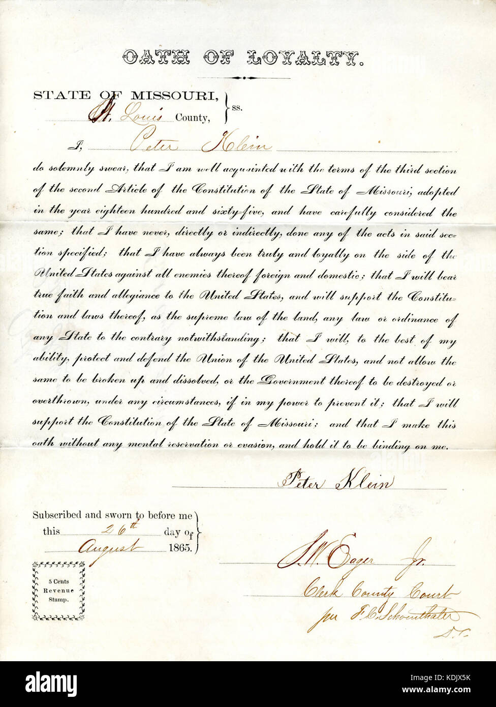 A historical document featuring the loyalty oath of Peter Klein from ...