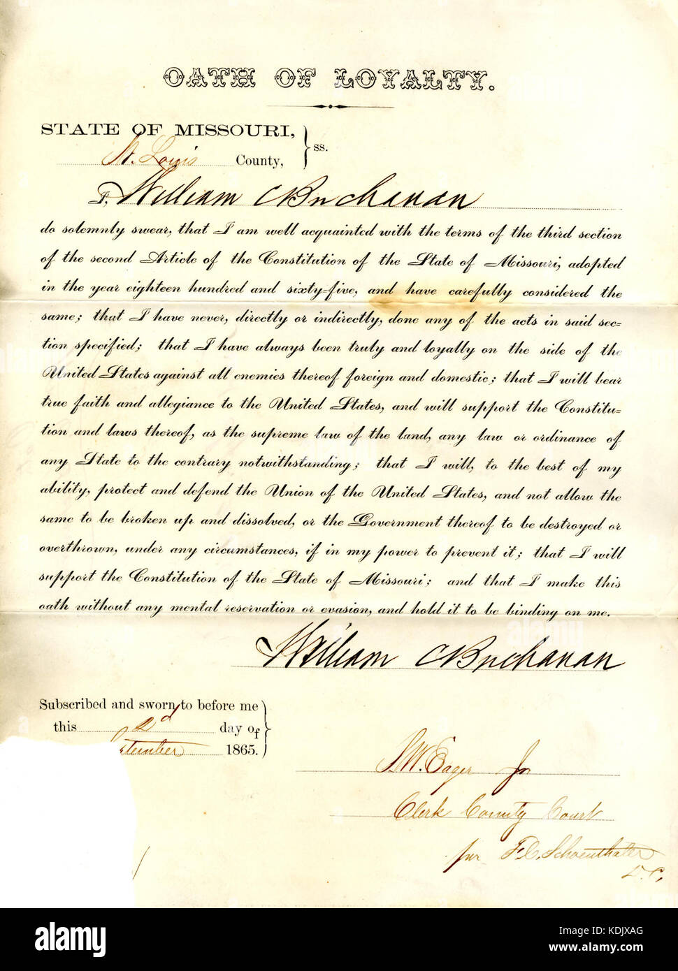 The loyalty oath of William C. Buchanan from Missouri, taken during a ...