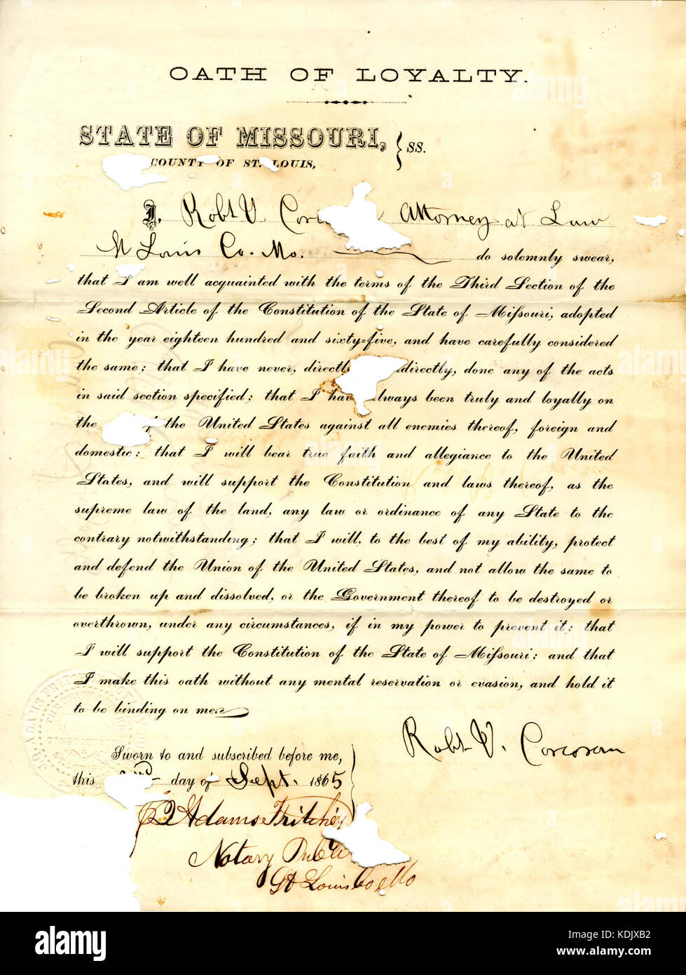 A document showing the loyalty oath of Robert V. Corcoran from Missouri ...