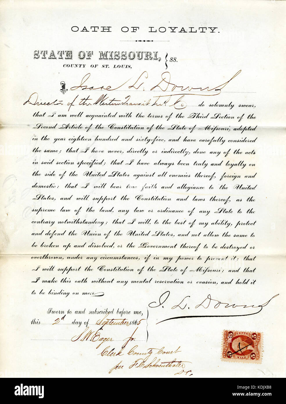Loyalty oath of Isaac L. Downs of Missouri, County of St. Louis Stock ...