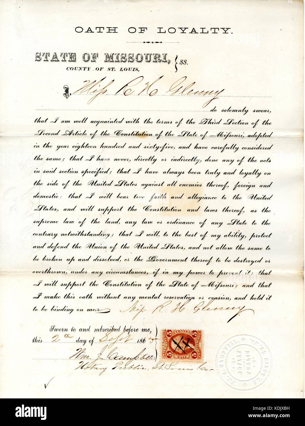 A document featuring the loyalty oath of Miss R.H. Glenny from St ...