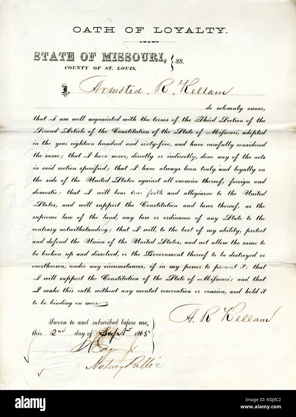 Loyalty oath of Armsted R. Kellam of Missouri, County of St. Louis ...